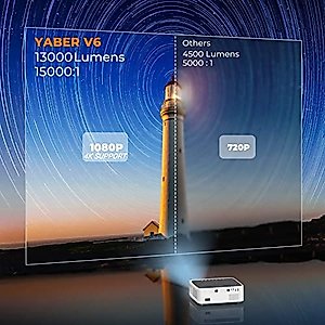 Projector with WiFi and Bluetooth, 13000L Outdoor Movie Projector 4K Supported, YABER V6 Native 1080P Portable Smart Home Projector, 4P Keystone 50% Zoom Compatible with iOS/Android/PC/TV Stick