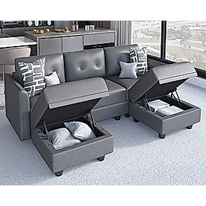 LLappuil Convertible Modular Sofa Faux Leather Fabric U Shaped Sectional with Reversible Chaise, 5 Seater Storage Sofa Sleeper Couch with Ottoman, Dark Grey