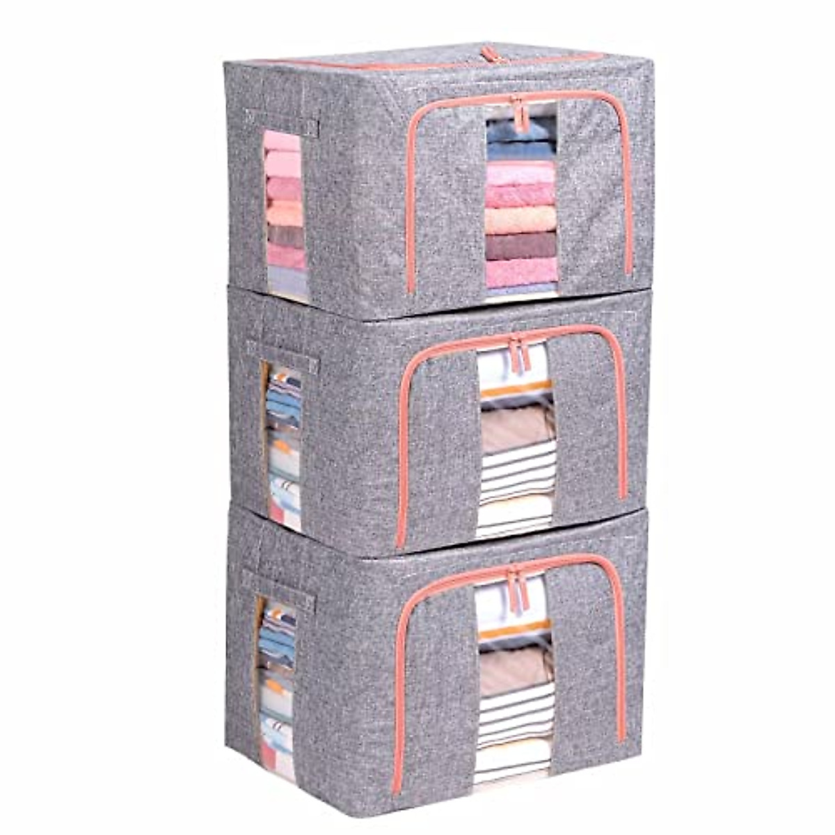 Tasmegol Foldable Clothes Storage Bins Stackable Steel Frame Closet Containers Organizer Bags Linen Cloth Clothing Box for Sweater Bedding Blanket（Grey 3 Pack 66L）