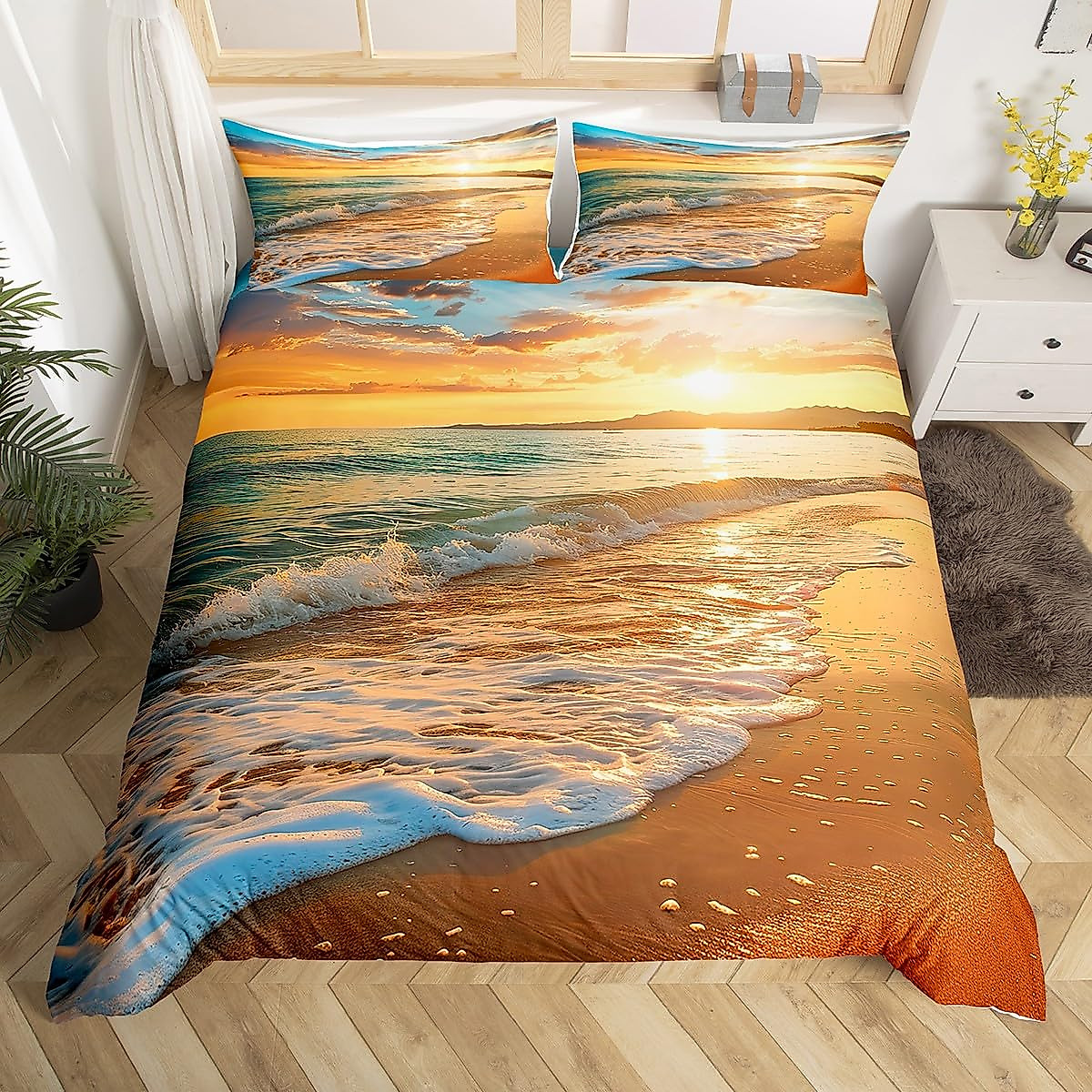 Feelyou Hawaiian Beach Bedding Set King Size Kids Sea Printed Comforter Cover Set for Boys Girls Teens Summer Holiday Vacation Duvet Cover Nature Pattern Bedspread Cover（No Comforter