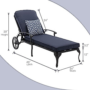 Villeston Lounge Chairs for Outside, Chaise Lounges Outdoor Pool Chair Set of 2 Cast Aluminum Patio Furniture Tanning with Navy Cushion and Pillows Recliner