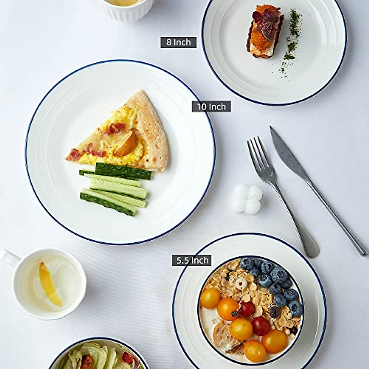 Pokini White Dinnerware Sets, 12-Piece Threaded Relief Kitchen Dinner Set, Plates, Bowls, Service for 4, Porcelain Round Embossed Dish Set with Cafe Stripe