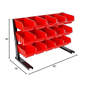15-Bin Garage Organization Rack - Carbon Steel Rack with Removable Stackable Plastic Garage Storage Bins - Tools Organizer or Small Parts Organizer for Hardware, Crafts, or Office Supplies by Stalwart