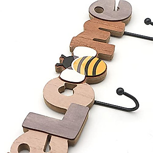 SELEAD Wooden Welcome Letter Sign with 3 Hooks - Wall Hanging Key Holder for Front Door, Entryway, Farmhouse, Rustic Home Decor Cute Cutout Bee