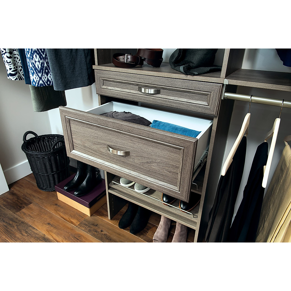 ClosetMaid SuiteSymphony Wood Closet Drawer, Add On Accessory, Shaker Style, for Storage, Closet, Clothes, 25” x 10” Size for 25 in. Units, Graphite Grey/Satin Nickel