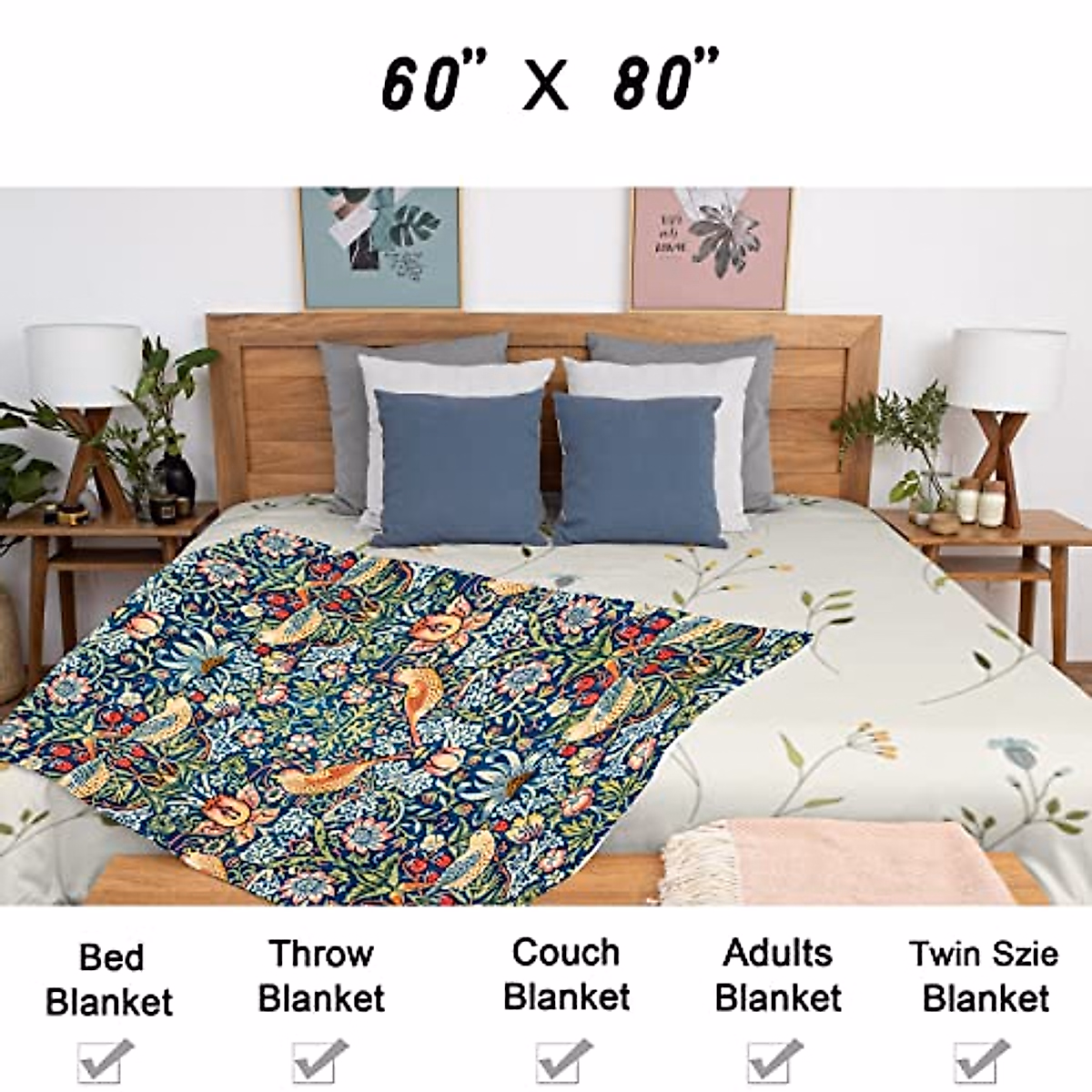 caimizogojocrz William Morris Strawberry Thief Fleece Flannel Throw Bed Blankets, Super Soft Fuzzy Cozy Blanket for Beach Travel Picnic Camping Twin Size 60"x80" L