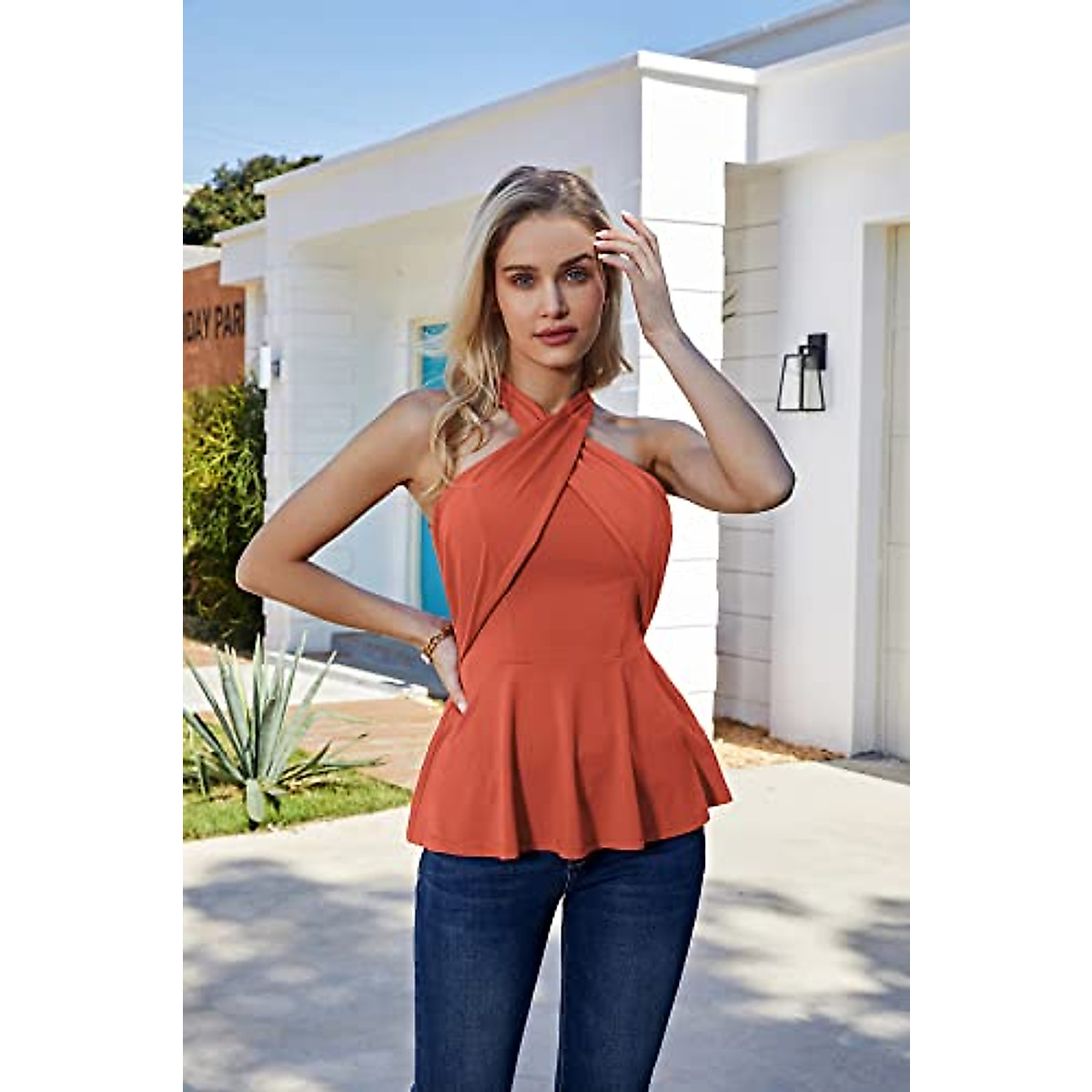 Women's Criss Cross Halter Tops Wrap Going Out Trendy Tank Tops Burnt Orange