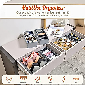HAUSEIN 6 Pack Sock Underwear Drawer Organizer Dividers, 57 Cell Foldable Closet Organizers and Storage Boxes for Clothes, Clothing, Wardrobe, Socks, Bra, Tie, Scarf, Belt (Gray)