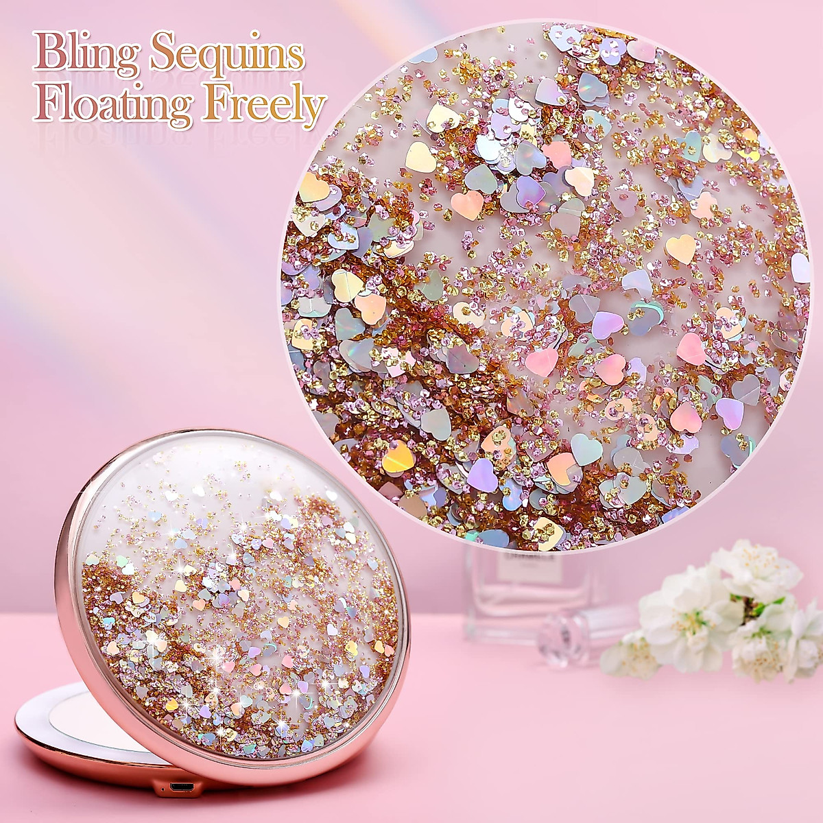B Beauty Planet Compact 20X Magnifying Mirror with Light,5-Inch,LED Travel Compact Mirror, Liquid Bling Glitter Quicksand Portable Folding Mirror with Lights(Golden Rose)