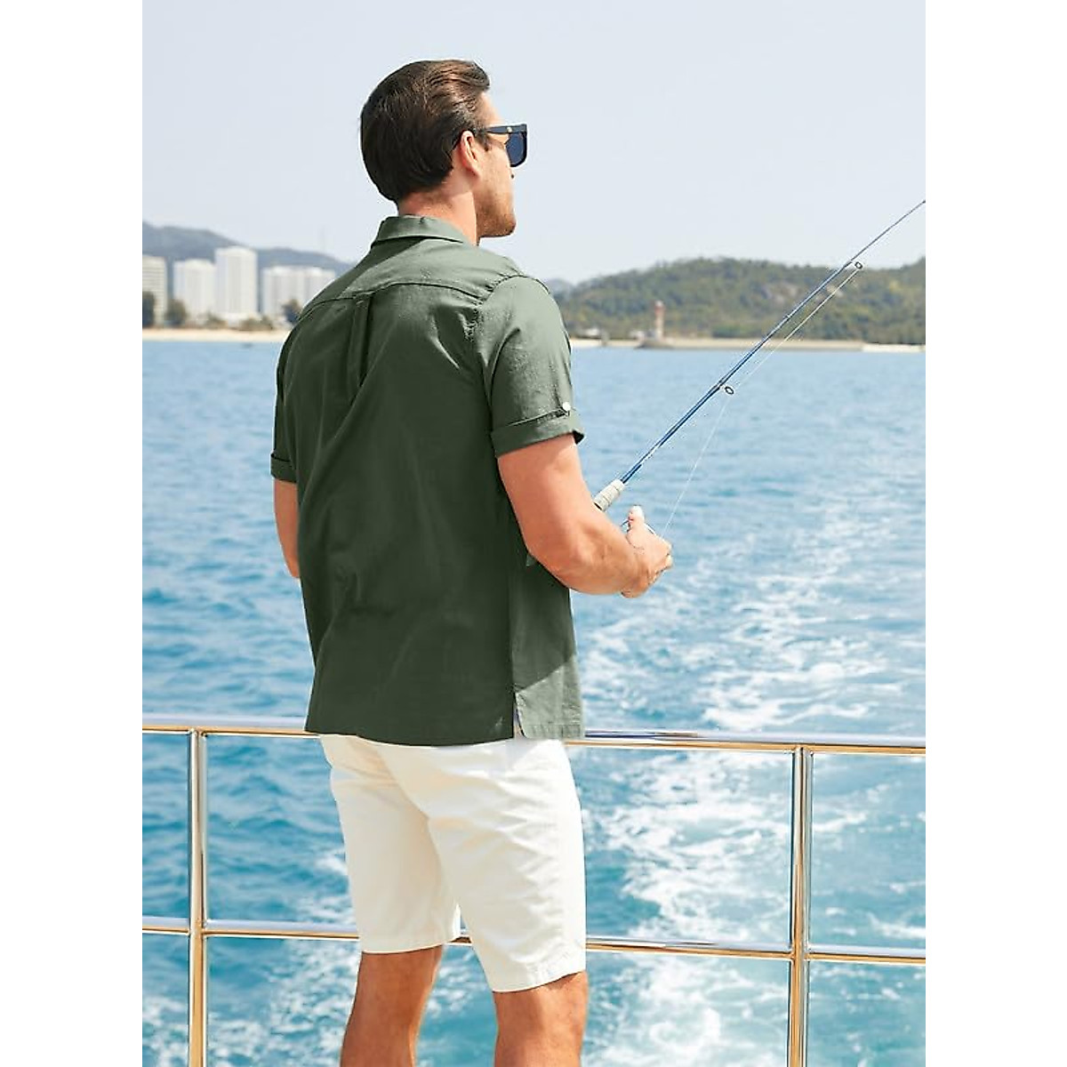 JMIERR Men's Cotton Linen Hawaiian Shirt - Casual Button Down, Cuban Collar, Short Sleeve, Pocket, US 43(L), Green