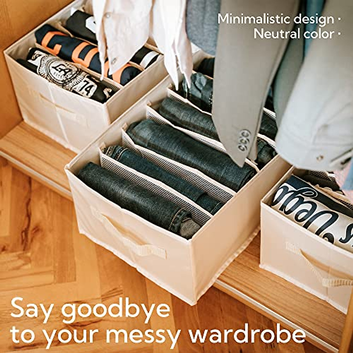 NEATR Clothes Organizer for Folded Clothes, 2 Pieces, Upgraded Wardrobe Clothing, Foldable Pants Closet, Clothing & Storage Jeans, t-shirt, Beige