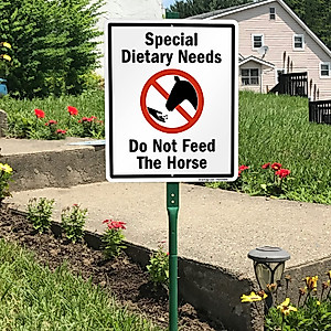 SmartSign 12 x 10 inch “Special Dietary Needs - Do Not Feed The Horse” LawnBoss Yard Sign with 3 foot Stake, 40 mil Laminated Rustproof Aluminum, Red, Black and White, Set of 1, Made in USA