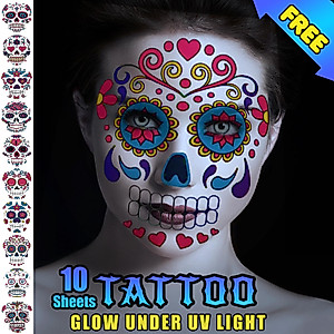Jim&Gloria Black and White Face Paint + Painting Brush + UV Glow Tattoos, Sweatproof & Water Resistance Paints, Professional Palette Makeup Kit for Halloween SFX Costume Skeleton Clown Joker Mime