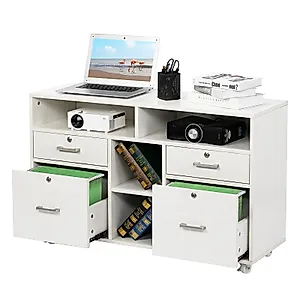 VINGLI Wood Mobile File Cabinet with 4 Drawers and Shelves, Printer Stand with Open Storage, Lockable Lateral Filing Cabinet for Home Office, Assembly Required, Light Beige Close to White