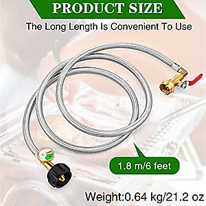 6 Feet Propane Hose with Gauge and Control Valve Propane Refill Adapter Hose Stainless Steel Braided Gas Line for 350 PSI High Pressure Camping QCC1 Type 1 LB Propane Gas Tank
