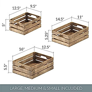 Wood Crates Set of Three - Decorative Large Nesting Rustic Wooden Crates for Storage, Display, Decor, Boxes - Stackable or Mountable Wooden Crate for Photography - Wooden Crates for Decoration - Wood Crate Bulk (Brown) by Barnyard Designs