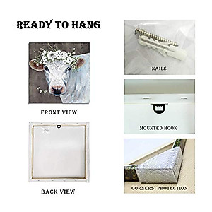 White Cow Picture Wall Art: Abstract Animal Artwork Painting on Canvas for Bathroom (12" W x 12" H, Multiple Sizes/Material)