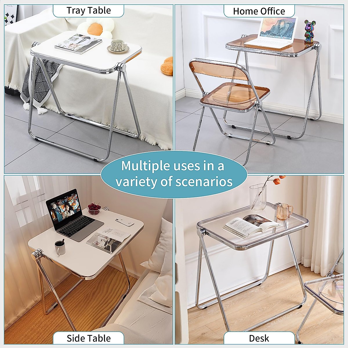 KAIHAOWIN Small Folding Table- Acrylic Morden TV Tray for Snack Dinner on Couch, Tiny Foldable Desk Writing Desk for Home Office for Small Spaces No Assembly Required