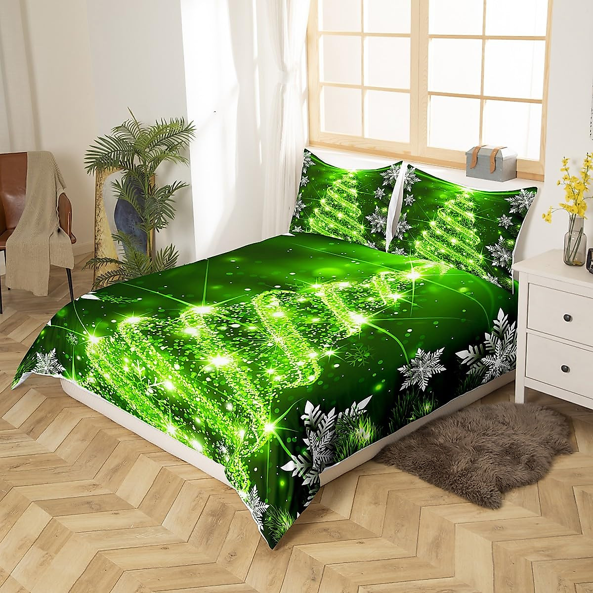 Erosebridal Green Christmas Tree Bedding Set Christmas Themed Duvet Cover 2 Piece Christmas Decor Comforter Cover White Snowflake Xmas Bedspread Cover Happy New Year Gifts Bedding Twin Size