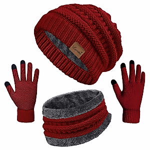 3 Pieces Winter Beanie Hat Scarf Touch Screen Gloves Set Thick Warm Knit Skull Cap Fleece Lined Scarves Gifts for Women,Z-X Wine Red Set