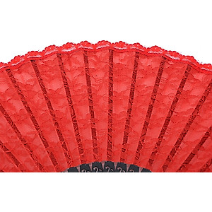 Womens Multi Color Handmade Cotton Lace Folding Hand Fan (Black-A) (Red)