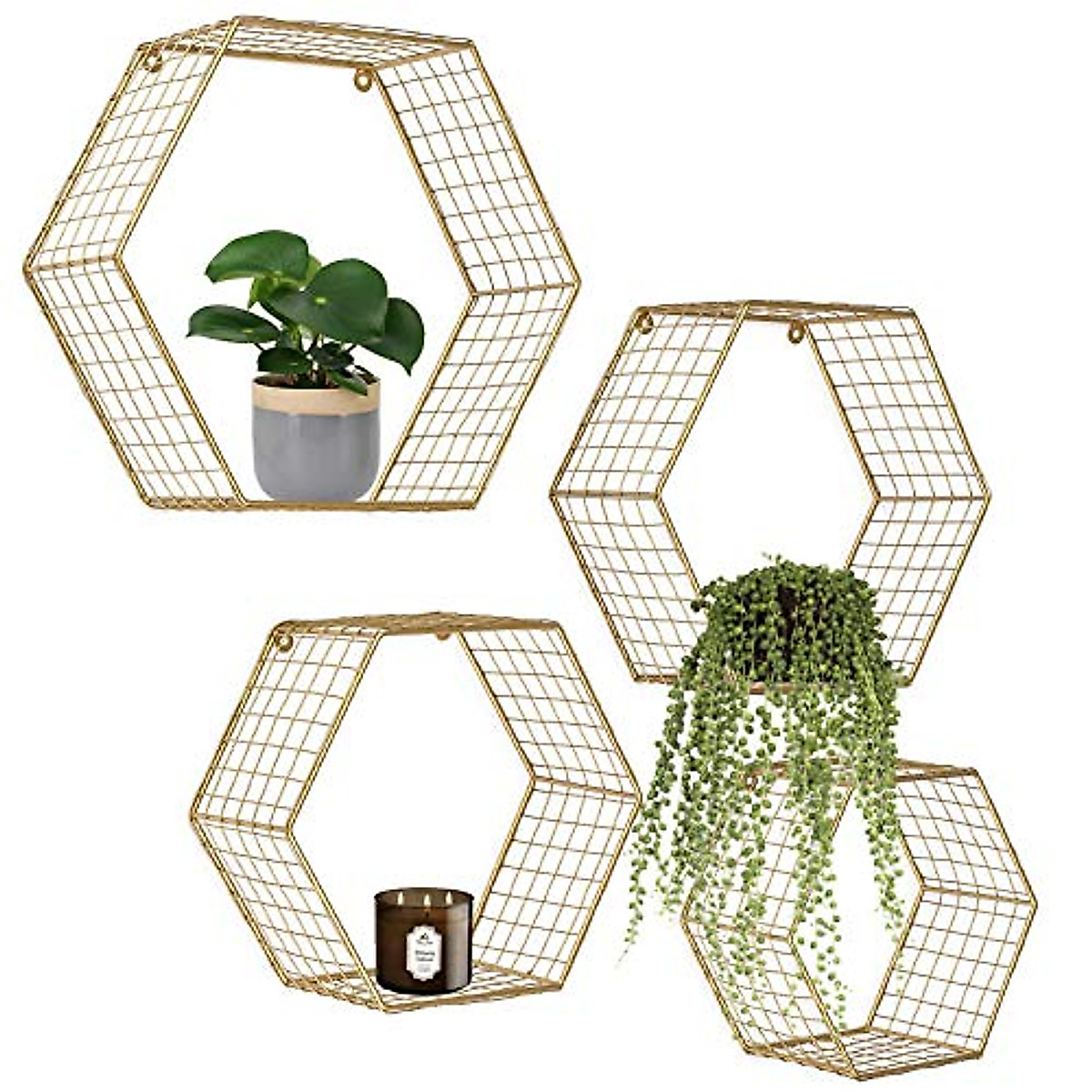kimisty Set of 4 Gold Hexagon Wall Shelves, Floating Honeycomb Wire Wall Mounted Shelf, Geometric Octagon Mesh Shelves, Boho Deep Gold Metal Shelving