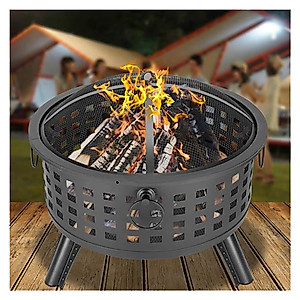 LIUXUEFE Round Outdoor Fire Pit, Brazier Poker Spark Screen Outside Flame Retardant Net Cover, Metal Grate Black
