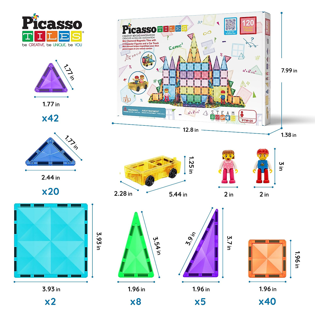 PicassoTiles 120 Piece Magnetic Building Block Mini Diamond Series Travel Size Magnet Construction Toy Set STEM Learning Kit Educational Playset Child Brain Development Stacking Blocks PTM120