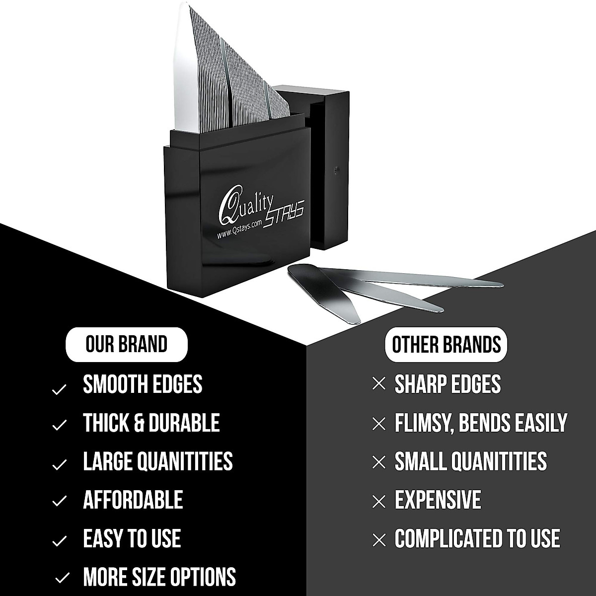 Quality Stays Metal Collar Stays for Men – Set of 40 Dress Shirt Collar Stays for Men, 3 Sizes in a Divided Box