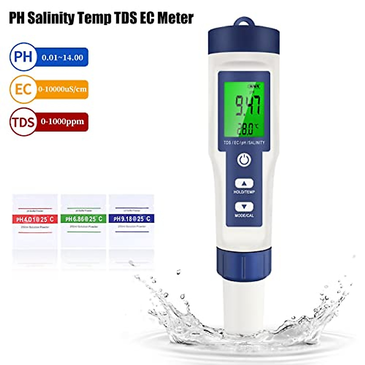 Water Quality Tester, PH Salinity Temp TDS EC Automatic Calibration Digital Water Detector IP67 Waterproof for Aquarium