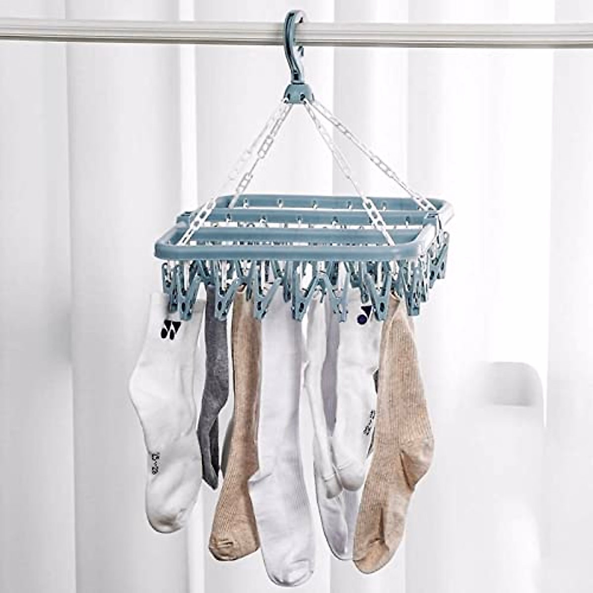 Sock Hanger, 2PCS Folding Clothes Drying Rack with 32pcs Pegs and Swivel Hook, Rotatable Sock Dryer, Underwear Hanger for Lingerie Clothes, Wind-Proof Hanging Sock Rack for Socks, Underwear