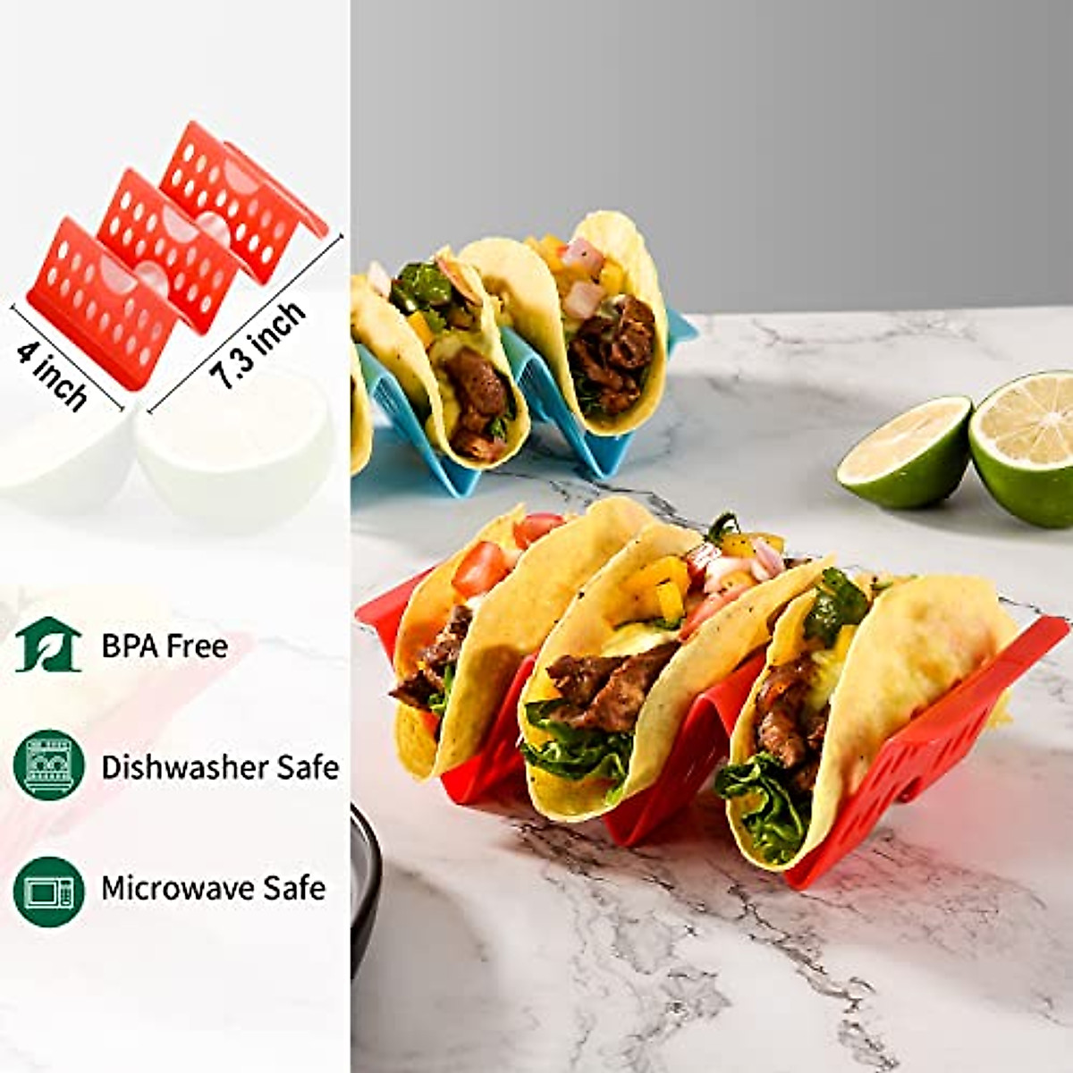 Premium Large Taco Holder Stand, Colorful Taco Holders Set of 6 or 4, Taco Stands for 3 Tacos, Soft or Hard Taco Shell Holder, Street Taco Rack, Taco Tray Plates, BPA Free, Dishwasher&Microwave Safe