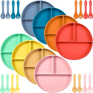 Tanlade 8 Pack Suction Plates for Baby Toddler Plates with Suction Kids Silicone Suction Plate, Silicone Plates, Silicone Divided Plates with Spoon and Fork for Infants 8 Colors