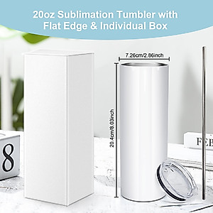 Icesip 25 Pack Sublimation Tumblers Blank 20 oz Straight Skinny Tumbler with Stainless Steel Straws Rubber Bottom Individually Boxed Sublimation Cups Wholesale Blank White for DIY Craft