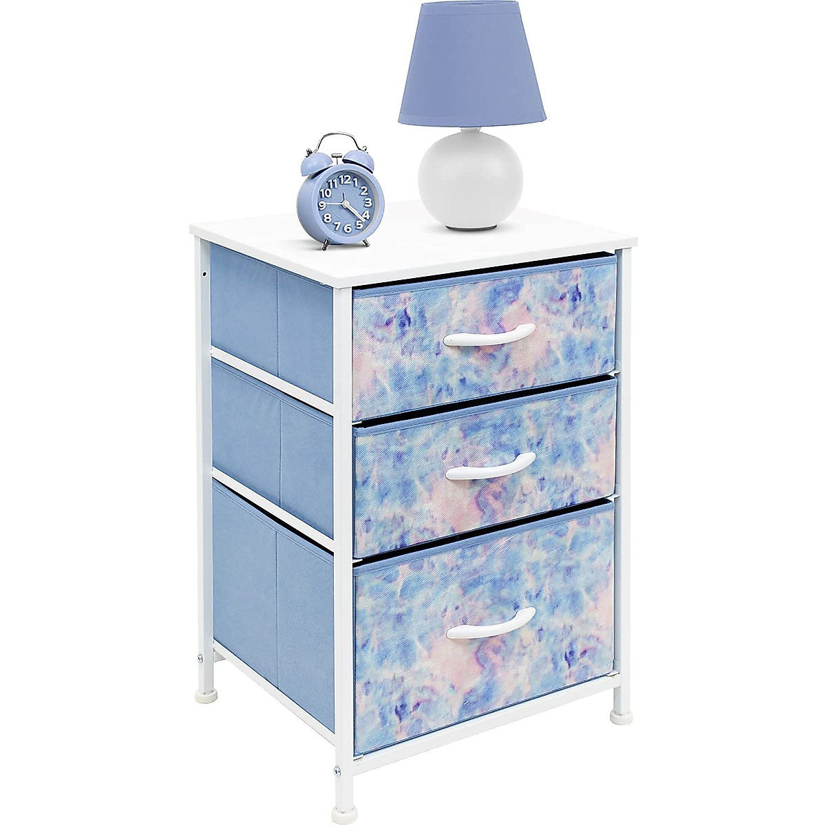 Sorbus Nightstand Storage Organizer with 3 Drawers - Kids Girls, Boys Bedroom Furniture Storage Chest for Clothes, Closet Organization - Steel Frame, Wood Top, Fabric Bin (Pastel Tie-dye Blue/Pink)