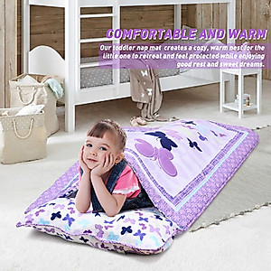 UOMNY Toddler Nap Mat Girls Kids Nap Mats with Removable Pillow and Blanket Butterfly Toddler Sleeping Bag for Preschool Daycare Purple Happy Napper Girls 50x20 Inch