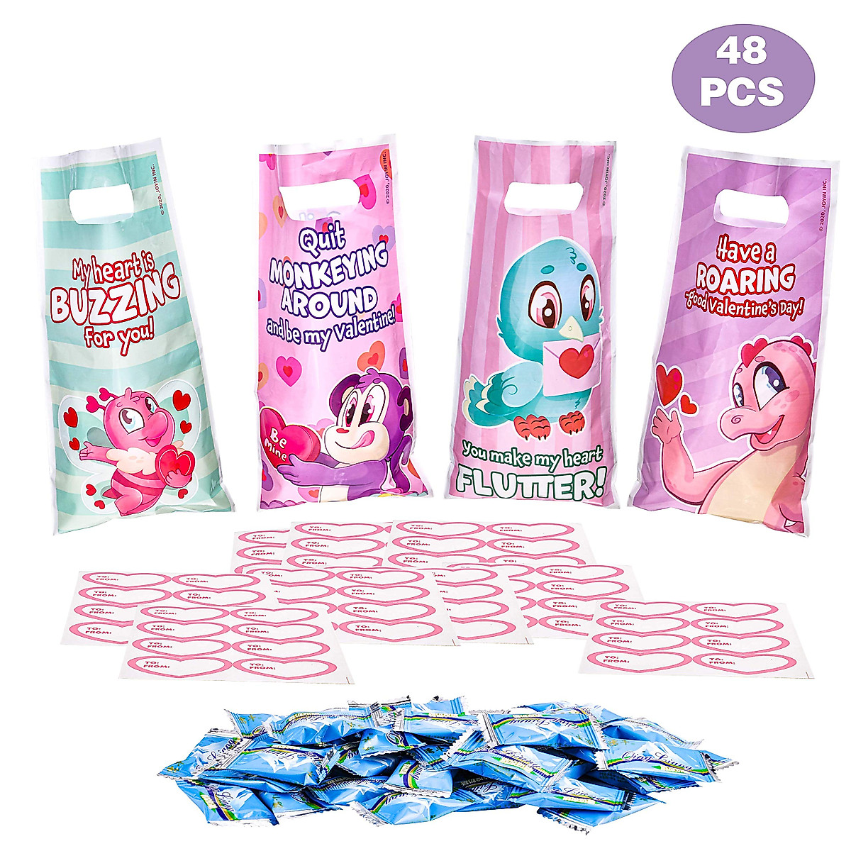 JOYIN 48 Pieces Valentines Day Gift Bags Valentine Goodies Bag for Kids Party Favor Supplies Valentine’s Treat Bags including To and From stickers