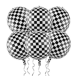 6 Pieces Checkered Balloons, Race Car Balloons 22 Inch Black and White Checkered Balloons 4d Round Sphere Foil Checkered Flag Balloons for Boy Adult Racing Themed Party Decoration Supply
