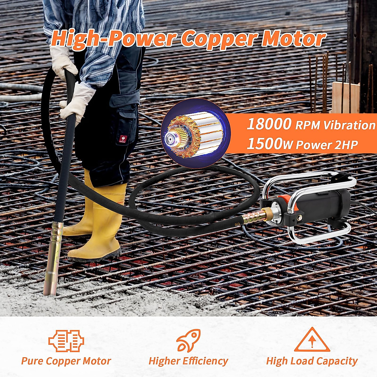LMYYGOO Electric Concrete Vibrator Handheld, 2HP 1500W 18000RPM Powerful Copper Motor Portable Construction Insertion Cement Concrete Vibrating Tool with 4.5M (14-3/4ft) Long Flexible Shaft