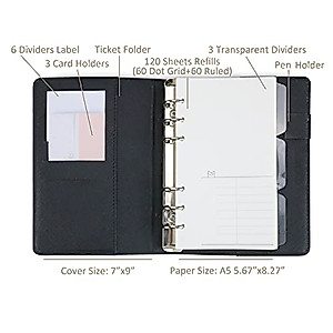 MILIKO A5 Water Wave Sytle PU Leather Wirebound/Spiral Refillable Notebook/Journal, Organizer/Planner-120 Sheet-60 Sheets Dot Grid Plus 60 Sheets Ruled Refills, 3 Transparent Dividers Included