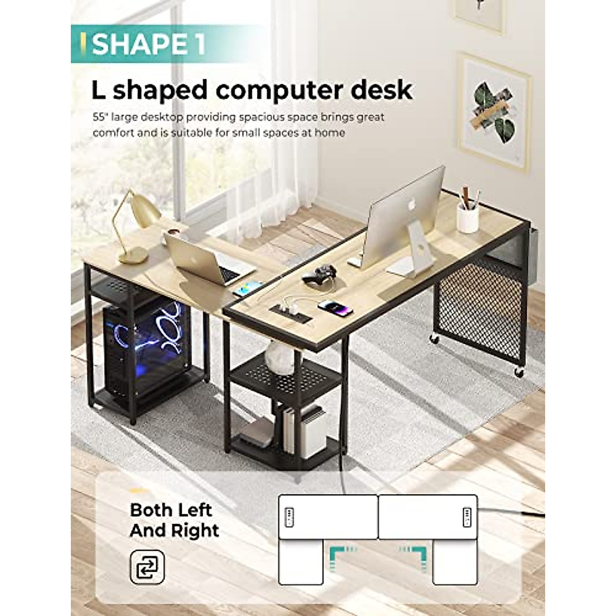 55" L Shaped Computer Desk with Power Outlets for Home Office Desks, Wooden Gaming Desk with Storage Shelves/Bag, Modern Simple Corner Desk for Small Space Student Study Writing L Shaped Desk, Oak
