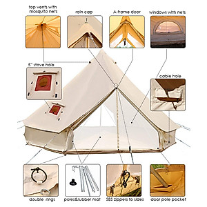 UNSTRENGH Large Beige Luxury 4-Season Camping Cotton Canvas Bell Tent Double Doors Camping Hunting Tent with Stove Jack Hole, Cable Hole
