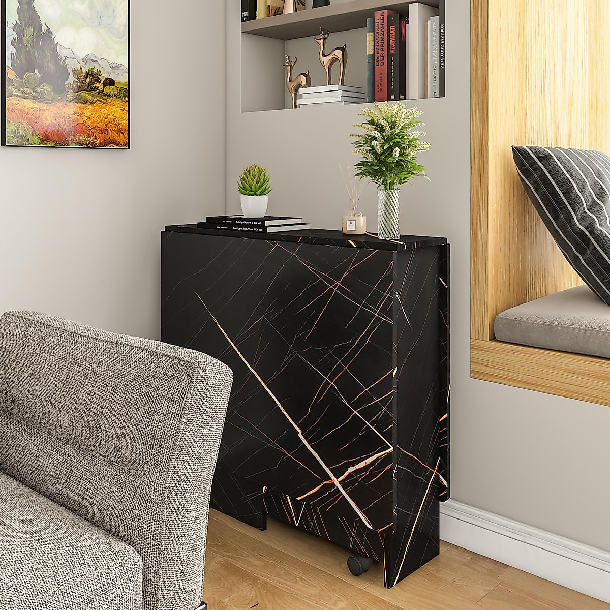 VANSPACE Folding Dining Table Drop Leaf Kitchen Table with Storage for Small Spaces Multifunction Space Saving Table Extension Dinner Table Black Marble