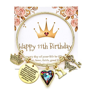 Miss Pink 11 Year Old Girl Bracelet Gift Ideas Girls Birthday Christmas Jewelry Presents 14k Gold Tone 11th Birthday Charm Bangle Bracelets Things Stuff for 11+ Daughter Granddaughter