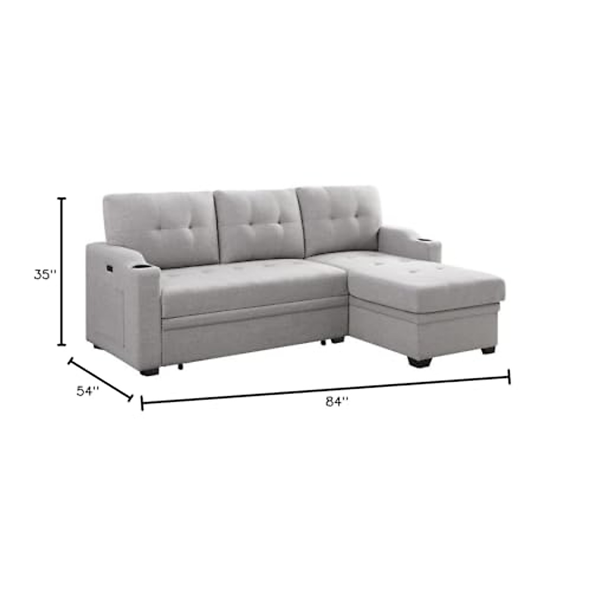 FANYE Linen Upholstery Tufted Sofa&Couch,L-Shaped Corner Reversible Sleeper Sectional Sofa Couch Sofabed w/Storage Chaise,Cupholders, USB Charging Port and Pockets for Living Room Furniture Set