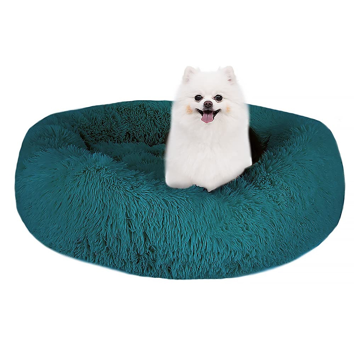 SlowTon Calming Dog Bed for Small Dogs Cats, Donut Cuddler Cozy Warm Anti-Anxiety Dog Cat Cushion Mat, Ultra Soft Fluffy Plush Round Pet Pillow Non-Slip Bottom Machine Washable(Teal,X-Small 20")