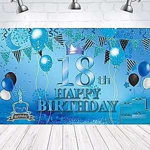 Happy 18th Birthday Backdrop Banner Blue 18th Sign Poster 18 Birthday Party Supplies for Anniversary Photo Booth Photography Background Birthday Party Decorations, 72.8 x 43.3 Inch