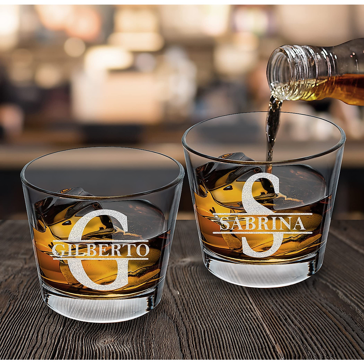 TEEAMORE Personalized Rocks Old Fashioned Cocktail Glass Add Your Name Initial Etched Whiskey Glasses Housewarming Gift 9oz