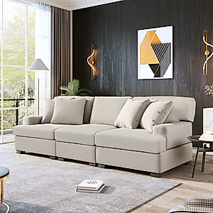 kevinplus 88.5'' Modern Sectional Sofa Couch for Living Room, Contemporary Comfortable 3-Seat Sofa with 4 Pillows for Apartment Office and Small Space, Linen Fabric, Cream White
