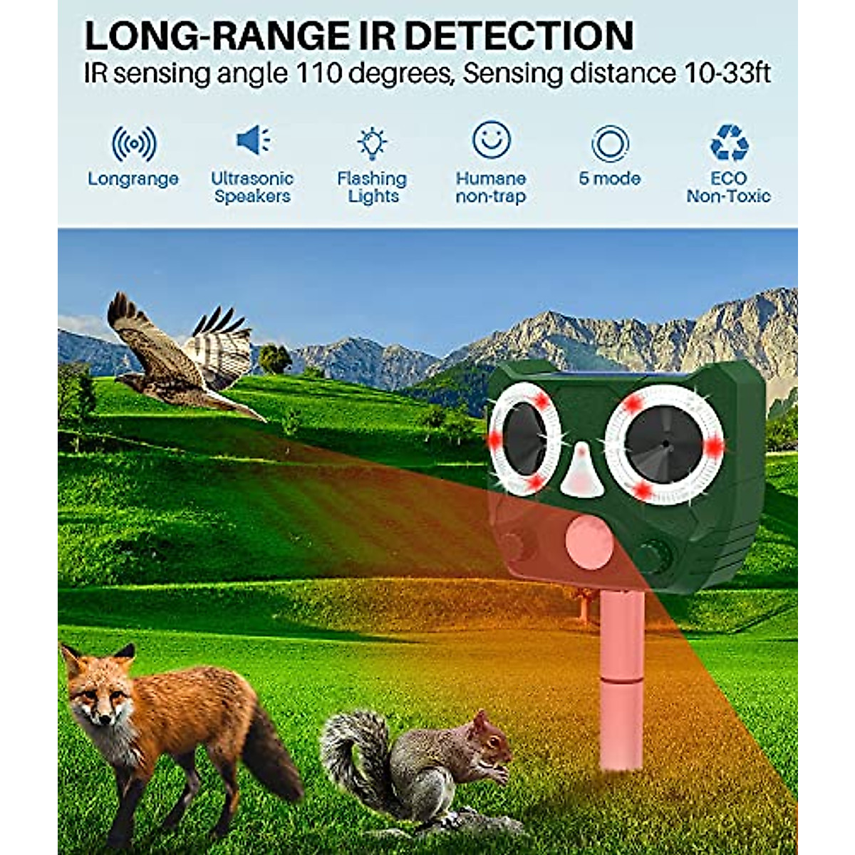 Solar Animal Repeller Ultrasonic Deer Repellent Devices Outdoor for Bird Skunk Rabbit Raccoon Cat Dog Fox, Waterproof Animal Deterrent with PIR Sensor Alarms Strobe Lights for Yard Farm Garden